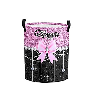 Glitter Print Pink Black Bow Personalized Waterproof Foldable Laundry Basket Bag with Handle, Custom Collapsible Clothes Hamper Storage Bin for Toys Laundry Dorm Travel Bathroom