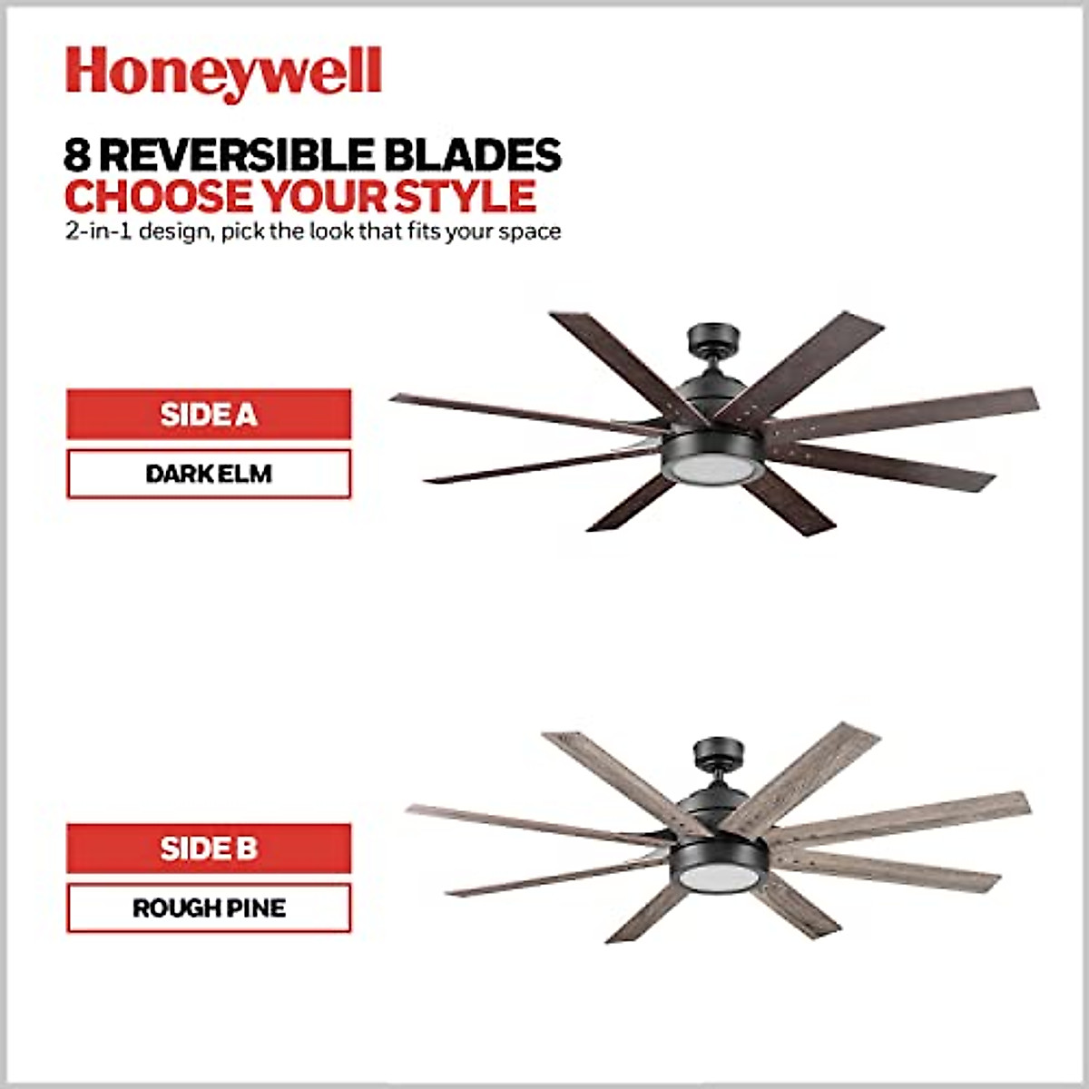 Honeywell Ceiling Fans Xerxes, 62 Inch Contemporary LED Ceiling Fan with Light and Remote Control, 8 Blades with Dual Finish, Reversible Motor - 51628-01 (Bronze)