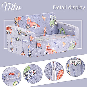Tiita Kids Sofa Chair, 2 in 1 Toddler Fold Out Couch, Comfy Kids Sofa for Playroom-Extra Soft 2 Seats, Glow in The Dark Children Couch to Lounger for Girls Boys, Vehicles