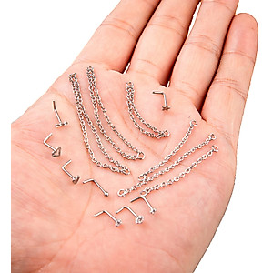 Masedy 20G Stainless Steel Nose Ring Stud Nose Ring Chain Piercing Across Double Nose Stud Heart Ball CZ Nose Studs Nostril Piercing Jewelry SL