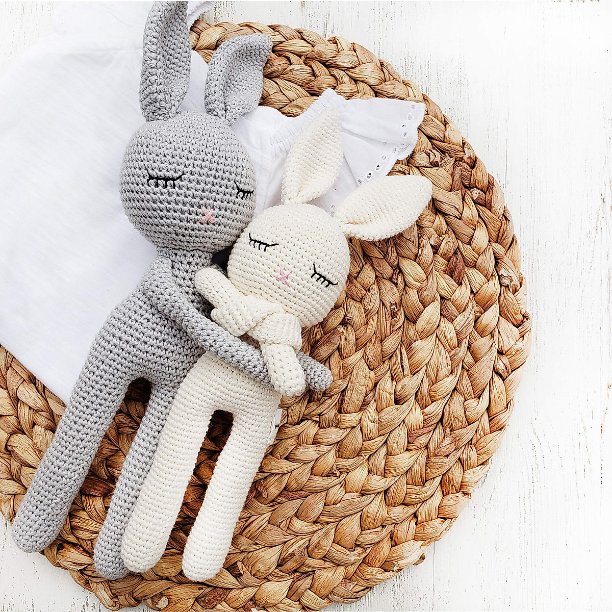 Cotton Crochet Bunny Doll Rattle Sleepy Head Bunny Toy | 13 inch Baby First Stuffy Amigurumi Buddy Security Blanket Newborn Photo Prop (White Sleepy Bunny)