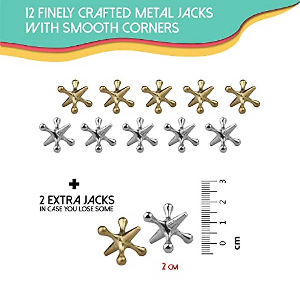 Vintage Metal Jacks Game with Ball - Pick Up Sticks and Metal Jax Game, Travel-Friendly Kids Jacks Game, Giant Game Jax with Dice,Pouch and Instructions, Great Gifts by Happy Jack & Merry