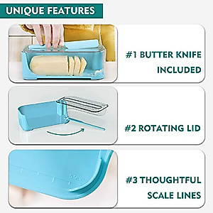 Butter Dish with Lid and Knife,Airtight Butter Container Covered Butter Dish for Countertop or Fridge,ABS Plastic Butter Dishes with an Attached Flip-Top Lid (Blue)
