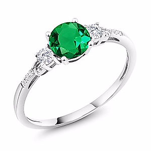 Gem Stone King 10K White Gold 6MM Round Gemstone Birthstone White Created Sapphire & White Diamond Accent 3-Stone Engagement Ring | Three-Stone Wedding Anniversary Promise Ring For Women