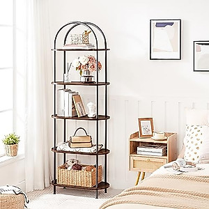 HOOBRO 5 Tier Bookshelf, Industrial Bookcase Arched, Tall Standing Bookshelves and Bookcases, Open Storage Shelves, Wooden Book Shelf for Bedroom, Living Room, Rustic Brown Bookshelf BF176SJ01