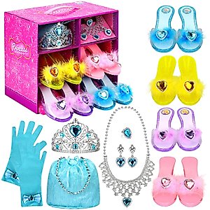 Princess Dress Up Shoes Set, Girls Role Play Dress Up Toys, Toddler Pretend Jewelry Boutique Kit Gift Set for Little Girls Aged 3-6 Years Old, 4 Pairs of Shoes Kit Include Princess Accessories