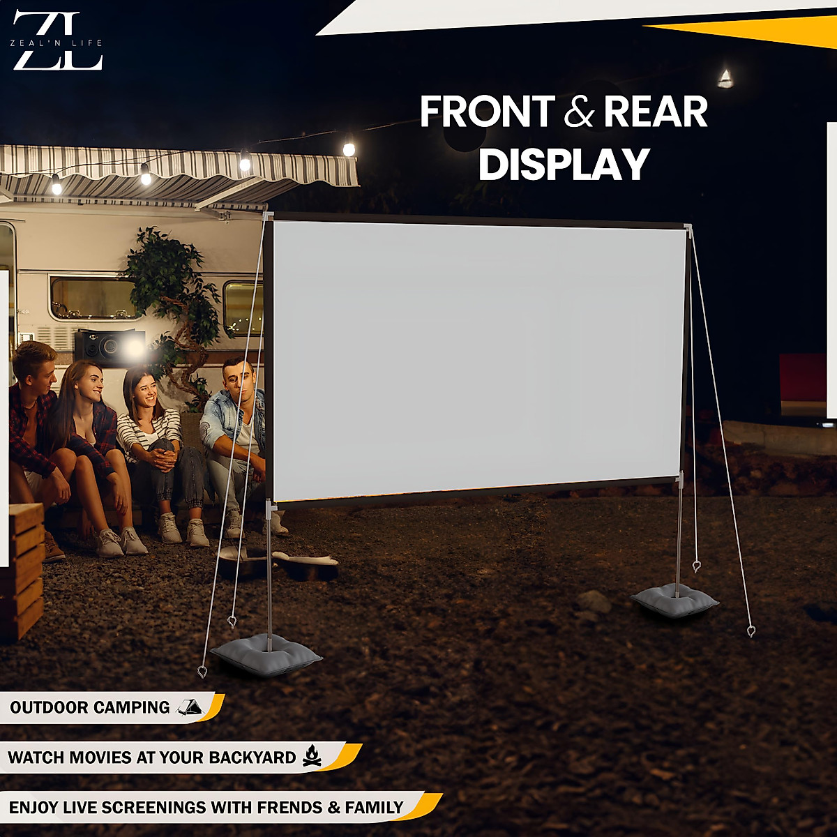 ZEAL'N LIFE 120 inch 4K HD 16:9 Projector Screen Polyester Material, Front/Rear Projection, Freestanding with Stand, Outdoor/Indoor Use, 160 Degree Viewing Angle
