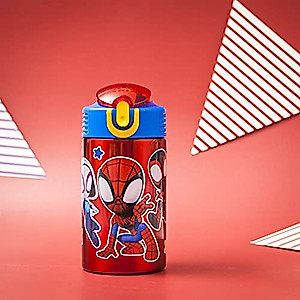 Zak Designs Marvel Spider-Man 18/8 Single Wall Stainless Steel Kids Water Bottle, Flip Straw Locking Spout Cover, Durable Cup for Sports or Travel (15.5oz, Non-BPA, Spidey and His Amazing Friends)