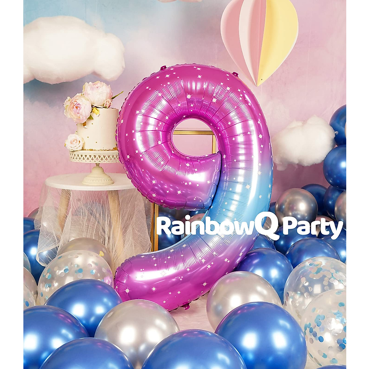 RainbowQ Party 9 Balloon Number 40 Inch for Boy or Girl Big Starry 0-9 Foil Mylar Large 9 Number Balloon Happy 9th Birthday Party Anniversary Decorations Supplies