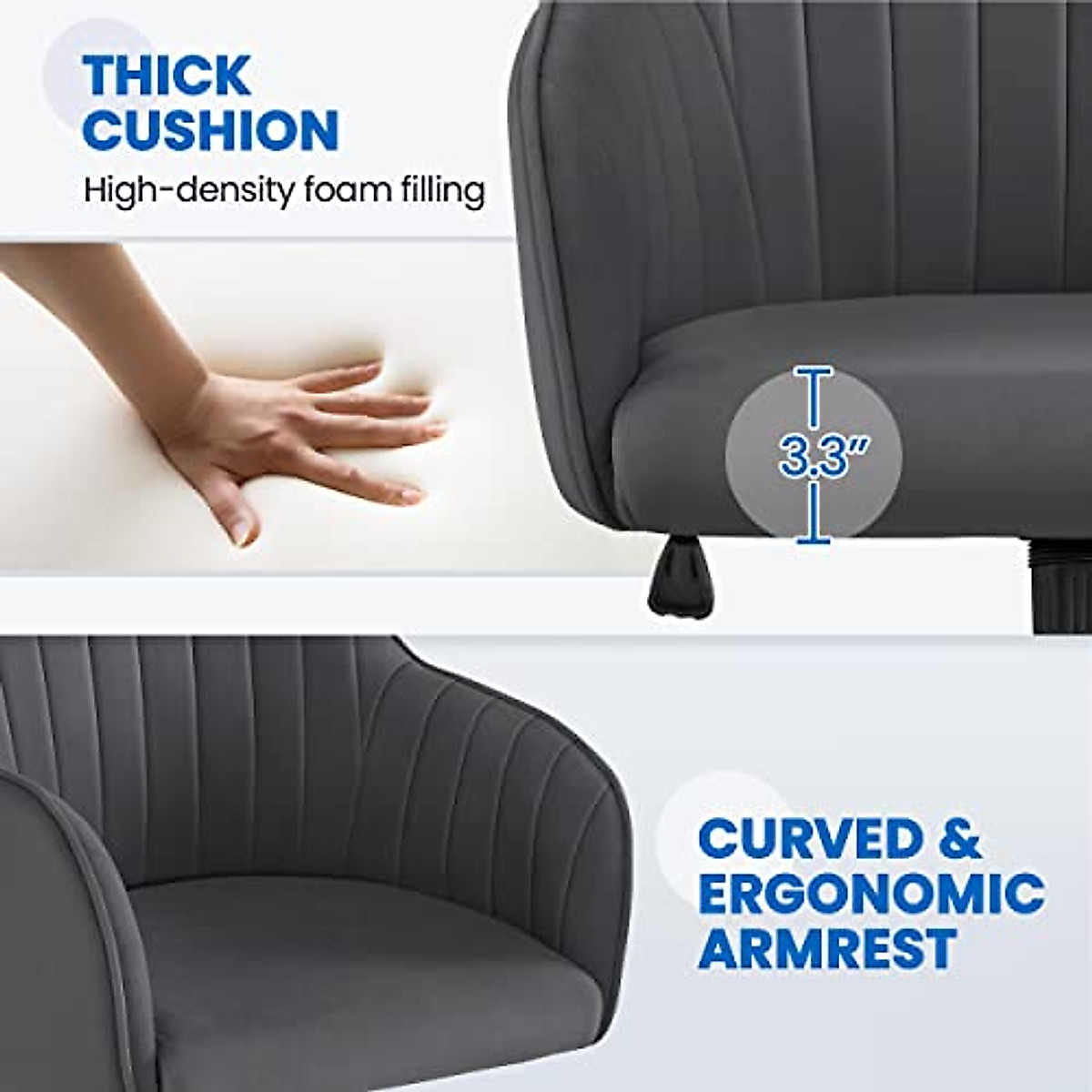 Yaheetech Modern Velvet Desk Chair Soft Height-Adjustable Swivel Computer Chair for Makeup Room Living Room Bedroom Soft Upholstered Office Chair Gray