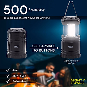 Ultra Bright Portable Collapsible Camping LED Lantern Light by Mighty Power, for Hiking, Blackouts, Picnic Party and Emergency up to 12 Hours with 3AA Batteries Included, Lightweight Design, Black