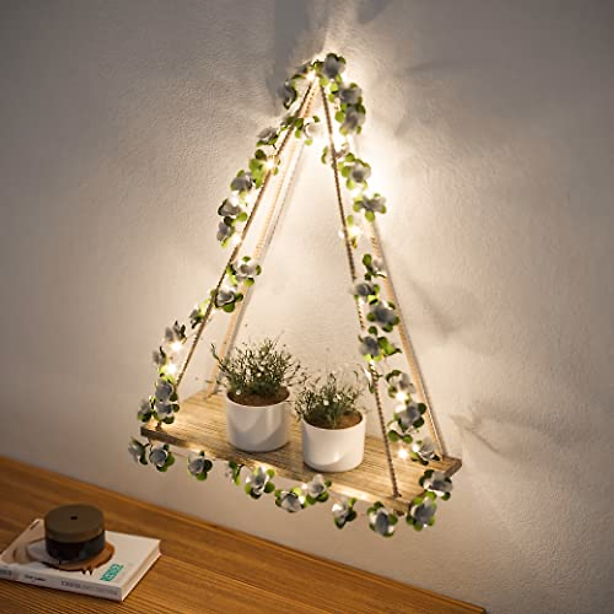 Artificial White Flower Garland with LED-Strip Wall Hanging Shelves Set of 2, Boho Shelves for Wall Décor, Macrame Wall Shelf for Bedroom Bathroom Living Room Kitchen (No Battery Included)