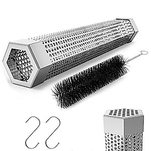 Hexagon Pellet Smoker Tube,12 inch Stainless Steel BBQ Wood Pellet Tube Smoker for Cold/Hot Smoking,5 Hours of Billowing Smoke-for Any Grill or Smoker,with 2 S Shape Hooks+1 Cleaning Brush.