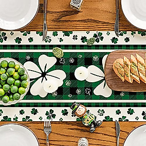 Artoid Mode Green Clover Buffalo Plaid Shamrocks St.Patrick's Day Table Runner, Seasonal Kitchen Dining Table Decoration for Indoor Home Party 13x72 Inch
