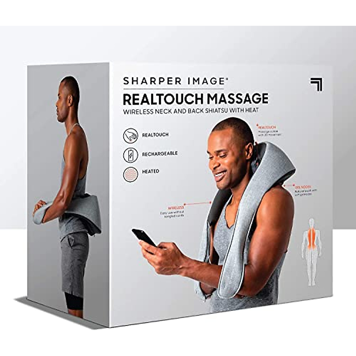 Sharper Image Realtouch Shiatsu Massager, Warming Heat Soothes Sore Muscles, Wireless & Rechargeable - Best Massager for Neck Back Shoulders Feet Legs, Kneading Massage Pillow, Pain Relief Gift