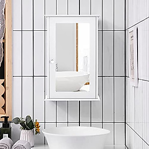 Tangkula Mirrored Bathroom Cabinet, Wall Mount Storage Cabinet with Single Door, Bathroom Medicine Cabinet (White)