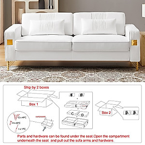 Betoko Velvet Upholstered Sofas Couches for Living Room Modern Contemporary Channel Tufted Beige 3 Seater Sofa Couch with Golden Metal Legs for Bedroom Office and Small Spaces (White)