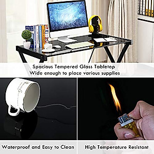 Tangkula Computer Desk Writing Table with Glass Top, Z-Shape Iron Frame Study Writing Desk with Adjustable Feet, Simple Laptop Desk Home Office Desk Computer Workstation