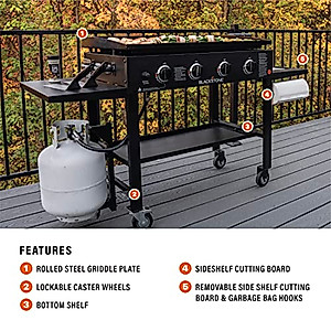 Blackstone 36" Cooking Station 4 Burner Propane Fuelled Restaurant Grade Professional 36 Inch Outdoor Flat Top Gas Griddle with Built in Cutting Board, Garbage Holder and Side Shelf (1825), Black