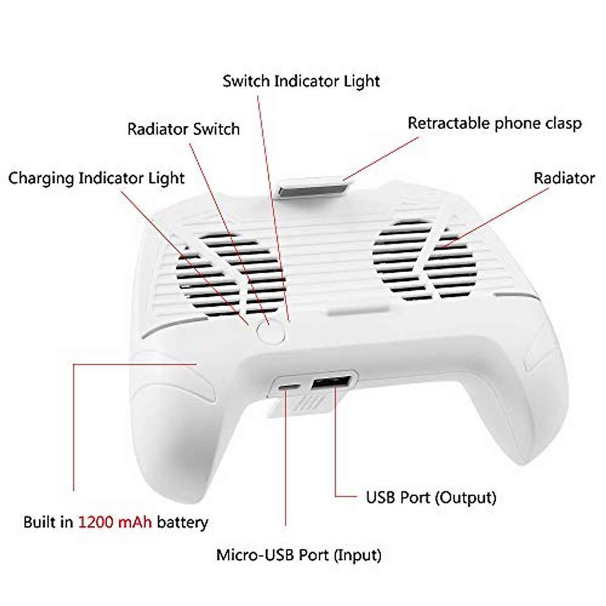 Universal Mobile Phone Game Controller Joypad Grip with Built-in Dual Cooler Fans and Power Bank - White