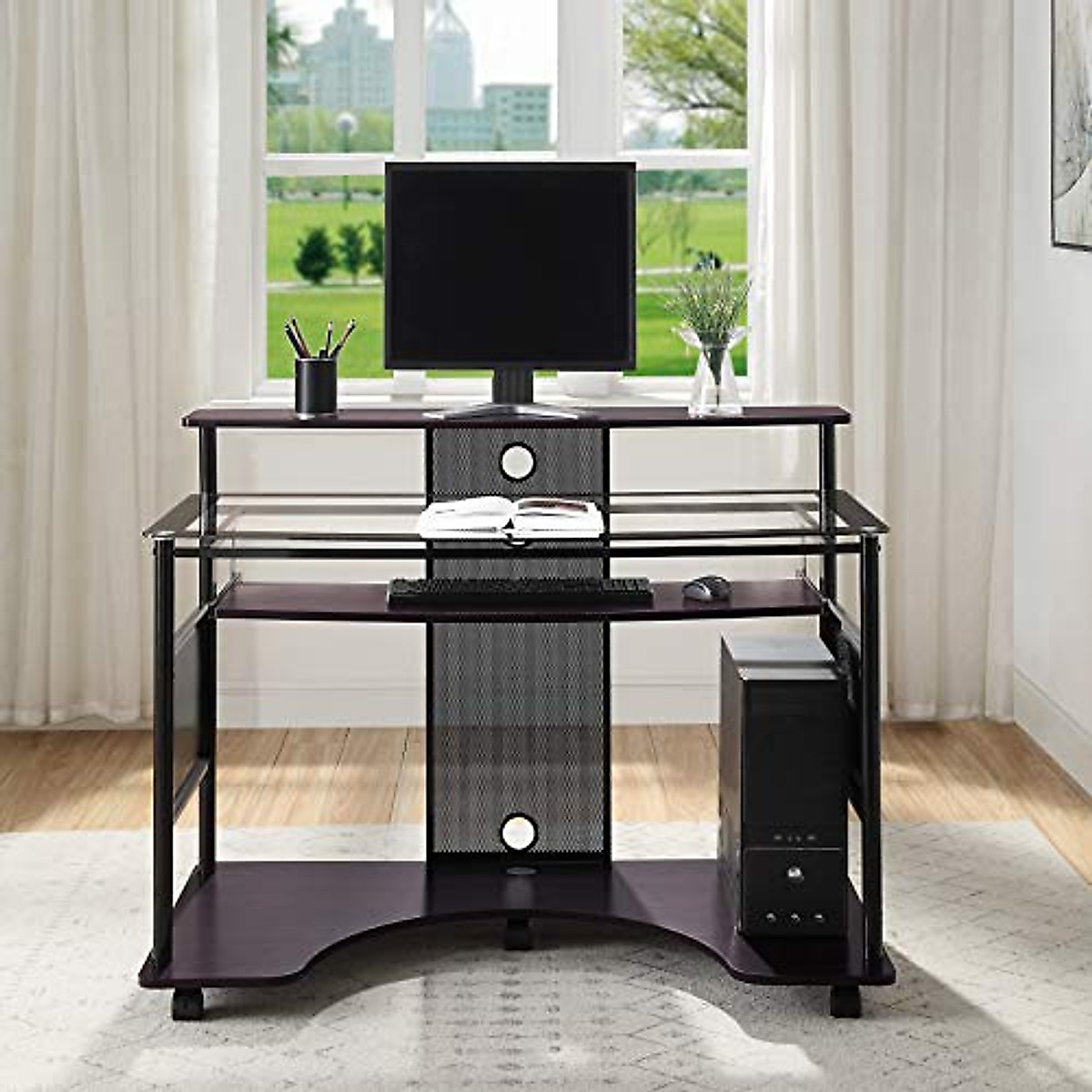 OSP Home Furnishings Vision Glass Multi-Media Home Office Rolling Desk, Black