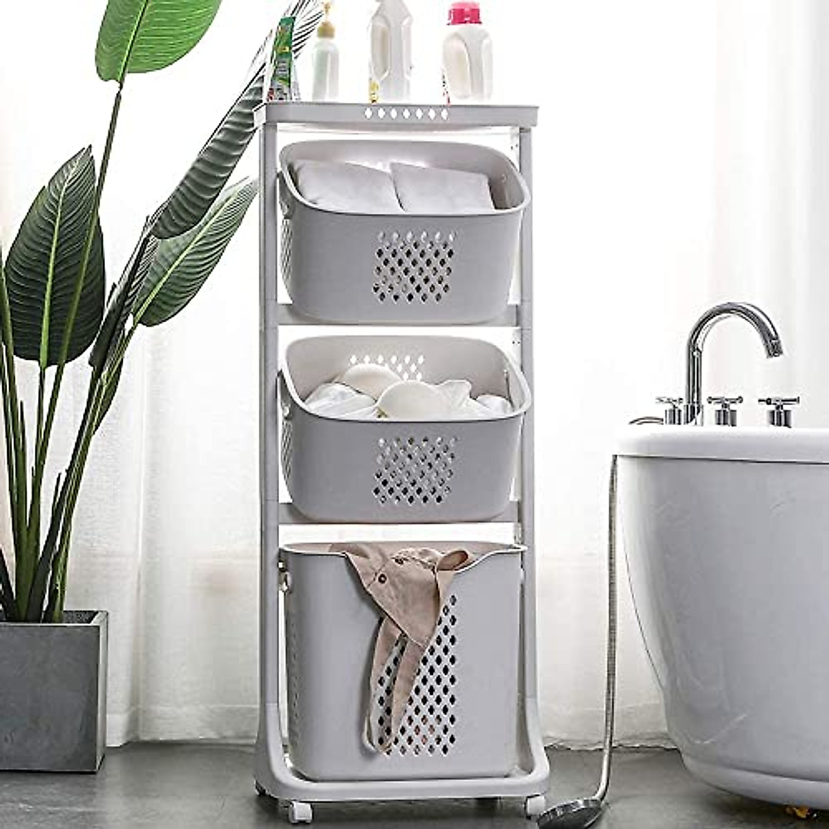 3-Layer Laundry Basket 17.32x23.99x41.73in with 1.57in Universal Wheels, Bathroom Clothes Storage Basket, Household Simple Shelf can Put Vegetables, Fruits, Spices for Bathroom, Kitchen, Living Room
