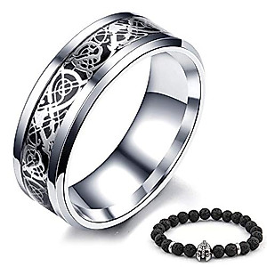 BAVIPOWER Viking Celtic Dragon Silvertone Ring Stainless Steel Scandinavian Protection Pagan Asatru for Mens Womens