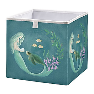 Emelivor Mermaid Turtle Cube Storage Bin Foldable Storage Cubes Waterproof Toy Basket for Cube Organizer Bins for Nursery Toys Kids Books Closet Shelf Office - 11.02x11.02x11.02 IN