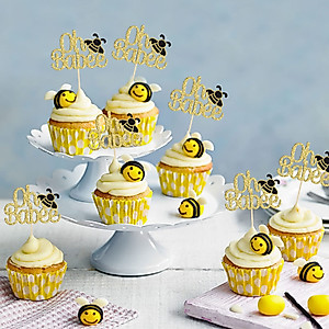 Gyufise 24Pcs Bumble Bee Cupcake Toppers Oh Babee Cupcake Picks Gold Glitter Oh Baby Cupcake Picks for Baby Shower Birthday Party Decorations Supplies