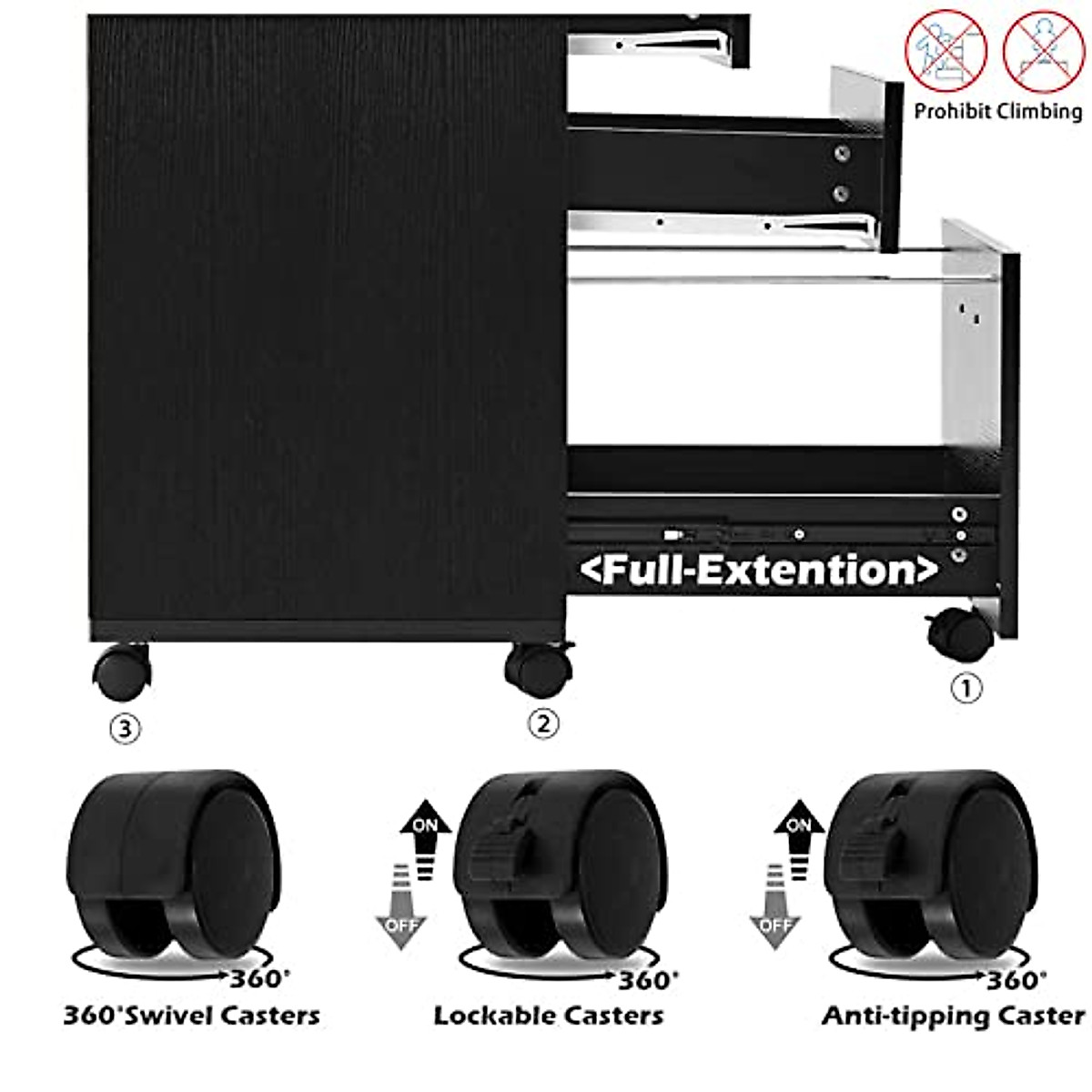 Wood File Cabinet, 3 Drawer Mobile Lateral Filing Cabinet On Wheels, Printer Stand with Open Storage Shelves for Home Office(Black)