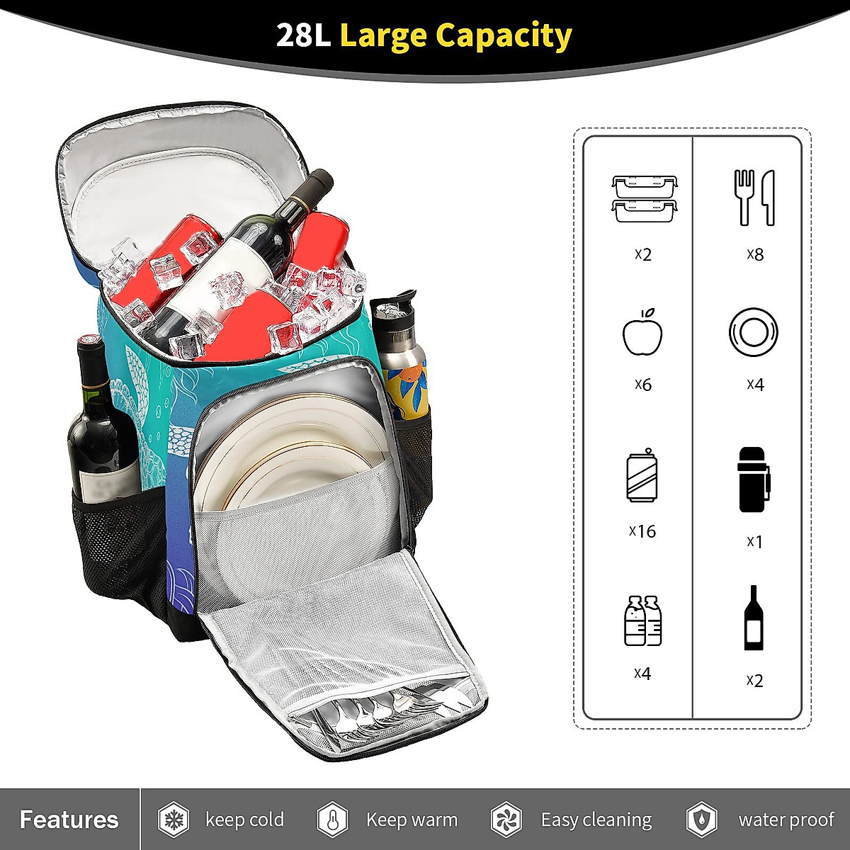 ALAZA Underwater Sea Turtle Seaweed Print Lunch Bag For Women Men,Reusable Portable Insulated Cooler Backpack With Adjustable Strap,Leak Proof Durable Lunch Box Backpack For Work Travel Beach Camping