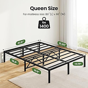 Marsail Queen Size Bed Frame, 14-Inch High Platform Bed with Steel Slat Support, Mattress Stoppers & Rounded Corners, Heavy-Duty Metal Platform, 1600 lbs Max Weight, No Box Spring Needed, MSBFQ02