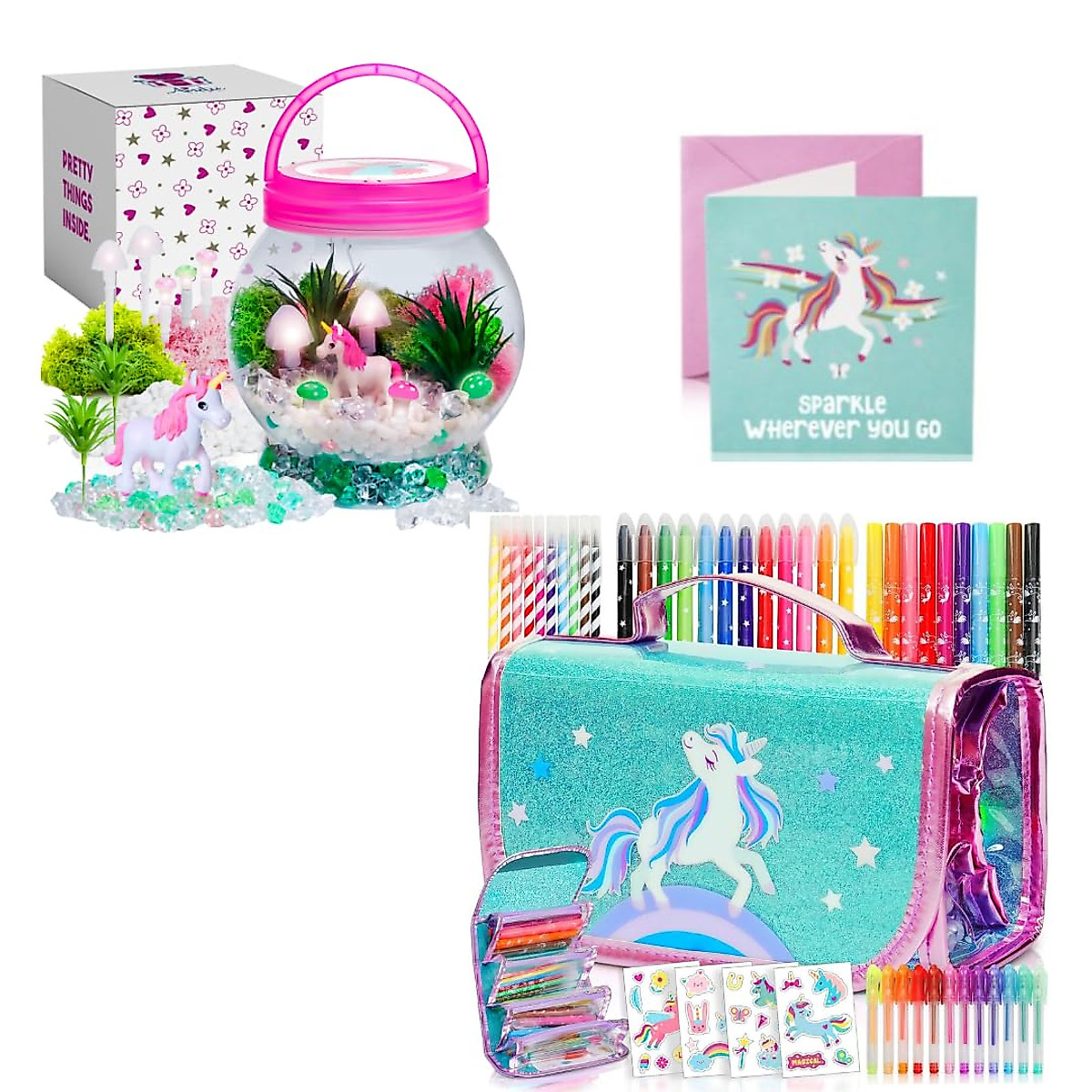 Amitié Lane Unicorn Gift Set - DIY Terrarium Kit and Scented Markers Set - Easy DIY Kids Arts and Crafts Kits - Girls Toys and Birthday Gifts for Kids Age 4-12