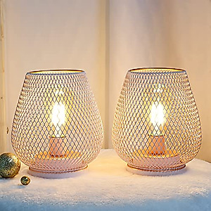 TRIROCKS Set of 2 Medium Battery Powered Outdoor Lantern 6.5'' High Metal Cage Table Lamp with LED Edison Bulb for Home Wedding Parties Patio Event Indoor Outdoor(Pink)