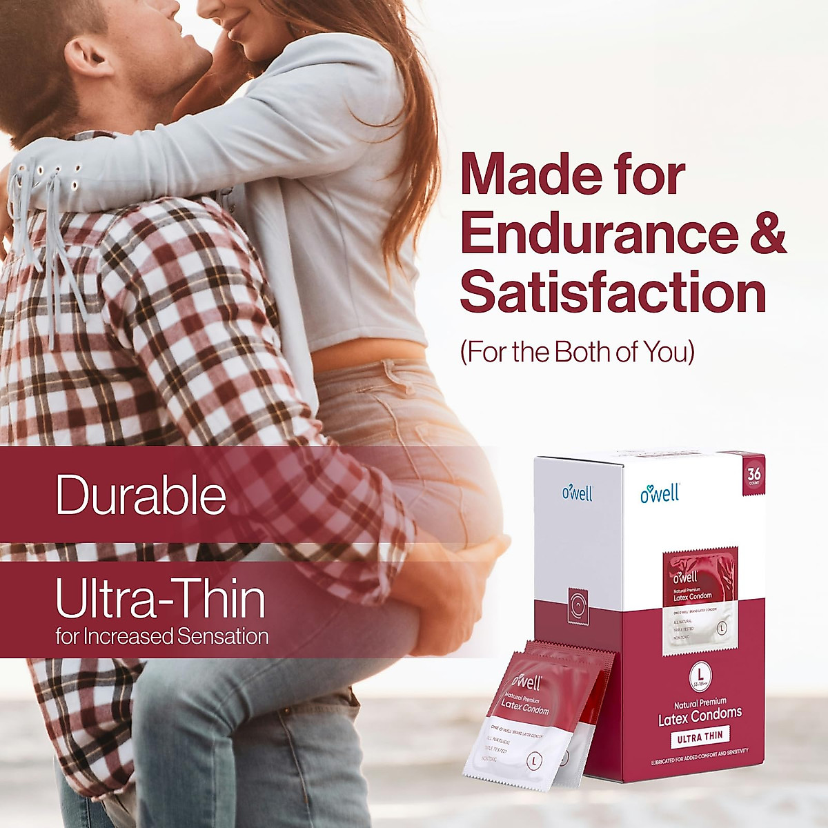 36 Latex, Ultra-Thin Condoms – Triple-Tested Lubricated Condoms with a Silicone Base for Comfortable Birth Control & Pleasure – Natural Latex Condoms for Men (2 x 7.2 in. Flat) by OWELL, Large