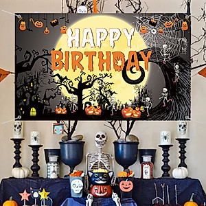 Famoby Happy Birthday Halloween Fabric Sign Poster Banner Backdrop Metallic Shiny Latex Balloons for Halloween Photo Booth Background Party Decorations Supplies