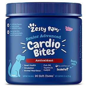 Zesty Paws Cardiovascular Support for Dogs - Taurine for Dogs, CoQ10 for Dogs, L Carnitine & Sea Buckthorn for Senior Dog Heart Health - AlaskOmega Fish Oil Omega 3 - Senior - Salmon - 90 Count