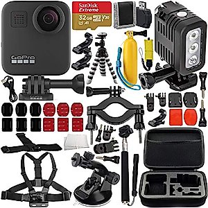 GoPro MAX 360 Action Camera with Premium Accessory Bundle – Includes: SanDisk Extreme 32GB microSDHC Memory Card, Rechargeable Underwater LED Light, Protective Carrying Case & Much More