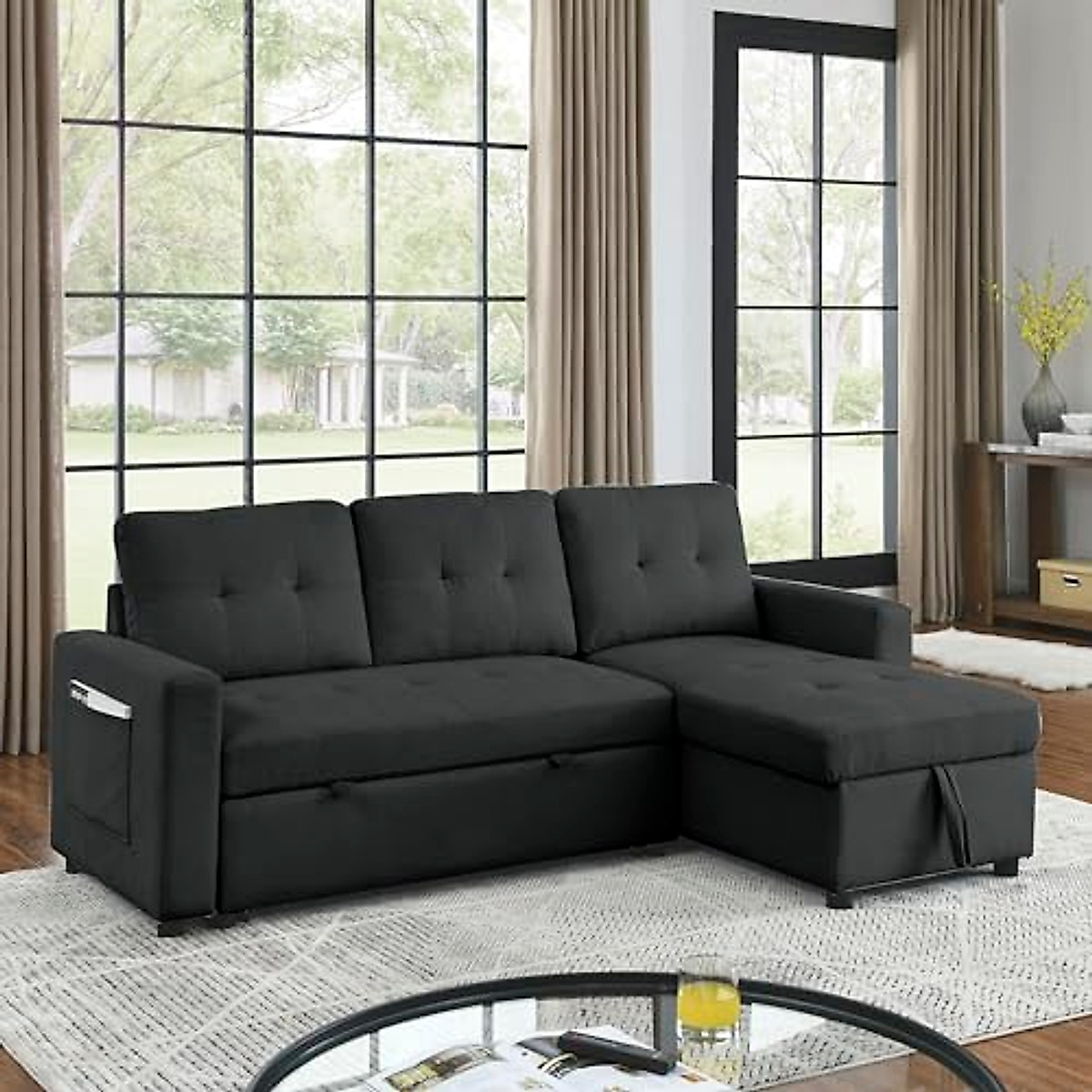 Eafurn L Shaped Sectional Sofa with Chaise Lounge and Pull Out Sofabed, Deep Seat Convertible Corner Couches with Storage Places,Comfy Upholstered Sofa&Couches for Living Room Furniture Sets