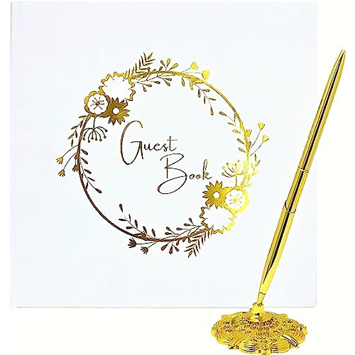AURAFRANCINA Wedding Guest Book with Gold Foil Printed Design - Guest Book with Gold Pen & Holder - Unique Guest Book Wedding Reception with 100 Gold Foil Edge Pages - Hardcover Guest Book for Party