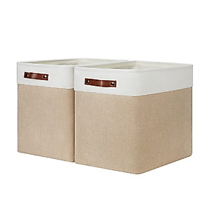 Ecegeva 2 Pack Large Storage Baskets for Organizing, Decorative Canvas Baskets for Shelves, Fabric Storage Baskets for Clothes Storage, Collapsible Storage Baskets with Leather Handles(White&Khaki)