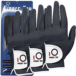 FINGER TEN Golf Gloves Men Right Handed Golfer Left Hand 3 Pack Cabretta Leather White Soft All Weather Grip Breathable Lightweight Flexible Glove (Dark Blue, Medium, Left)