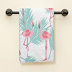 Swono Pink Flamingo Hand Towel Cotton Washcloths, Flamingo Standing on Tropical Leaves and White Comfortable Soft Towels for Bathroom Spa Gym Yoga Beach Kitchen,Hand Towel 15x30 Inch