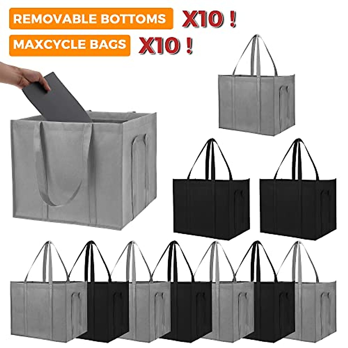 MAXCYCLE Reusable Grocery Bags 10 Pack Large Durable Foldable Shopping Tote Bags with 10 Removable Bottoms For Groceries