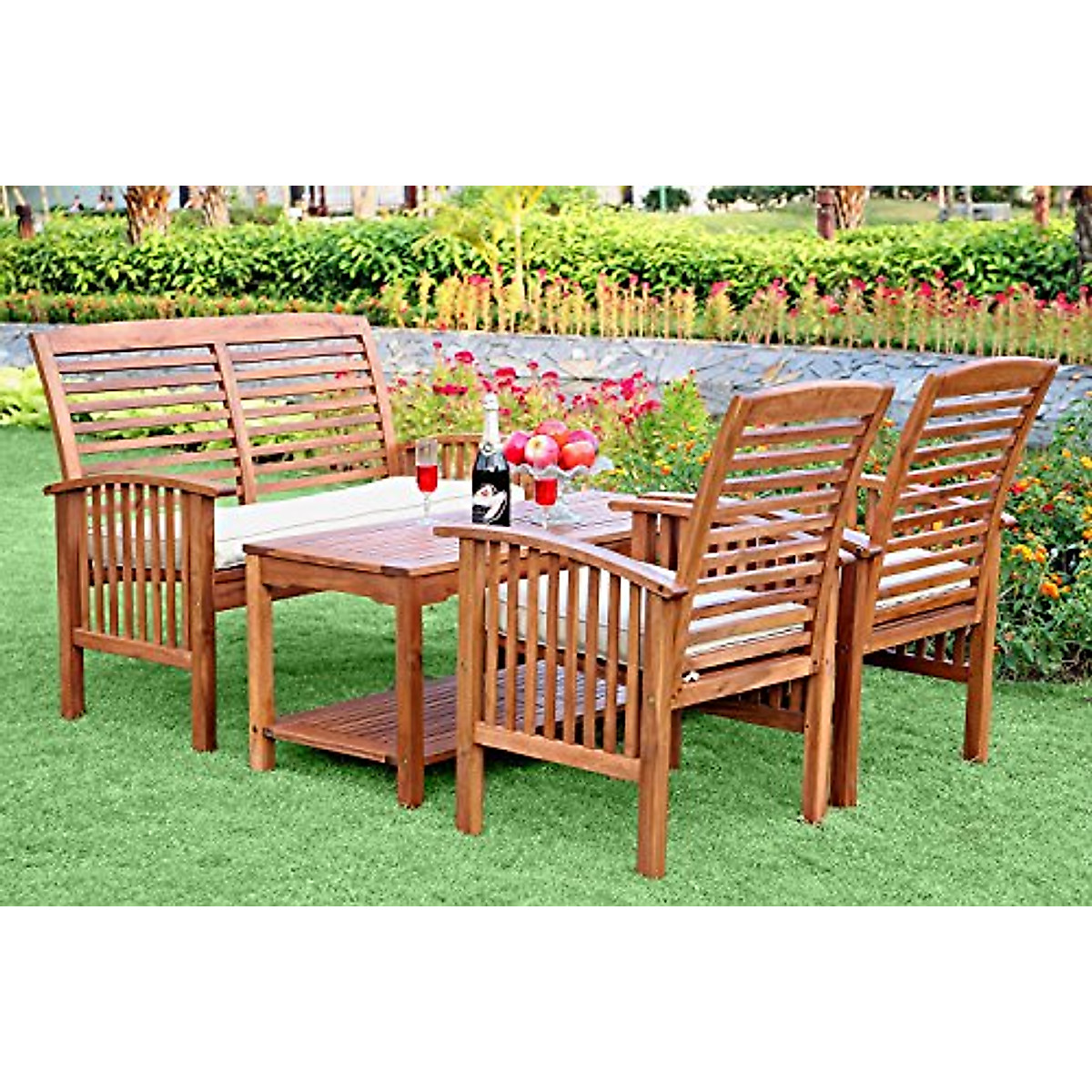 Walker Edison Rendezvous Modern 4 Piece Solid Acacia Wood Slatted Patio Chat Set with Cushions, Set of 4, Brown
