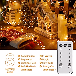 Cluster Fairy Lights with Remote, 10Feet 200LED Firecracker String Lights Plug in, Waterproof Copper Wire Firefly Lights for Bedroom Window Mantle Weddings Christmas Tree Decoration, Warm White