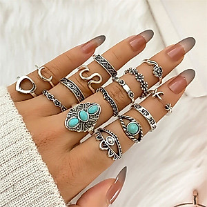 BVGA 40 Pcs Vintage Turquoise Rings for Women Bohemian Silver Oval Gemstone Rings Western Rings Boho Joint Knuckle Rings Midi Stacking Rings Set Gifts