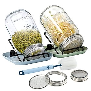 FAMNONE Sprouting Jar kit (Not Include Jar), 4 PCS 316 Stainless Steel Sprouting Lids for Regular and Wide Mouth Mason Jars, 2 Stainless Steel Sprouting Stands, 2 Drip Tray, Cleaning Brush