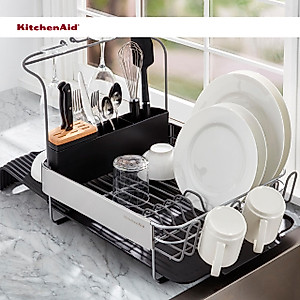 KitchenAid Full Size, Rust Resistant Expandable Dish Rack with Angled Self Draining Drainboard, 24-Inch, Black