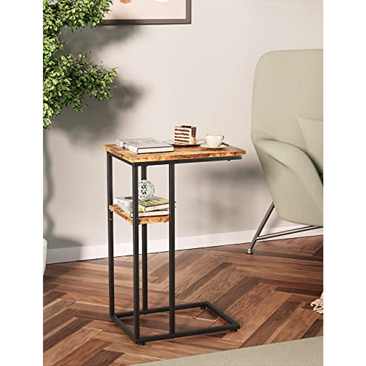 Innerjoin 2 Shelves C Side Table with Metal Frame, C Shaped End Table, TV Tray Table for Couch, Sofa Table for Living Room Bedroom, Bedside Table, Rustic Vintage Style, Brown